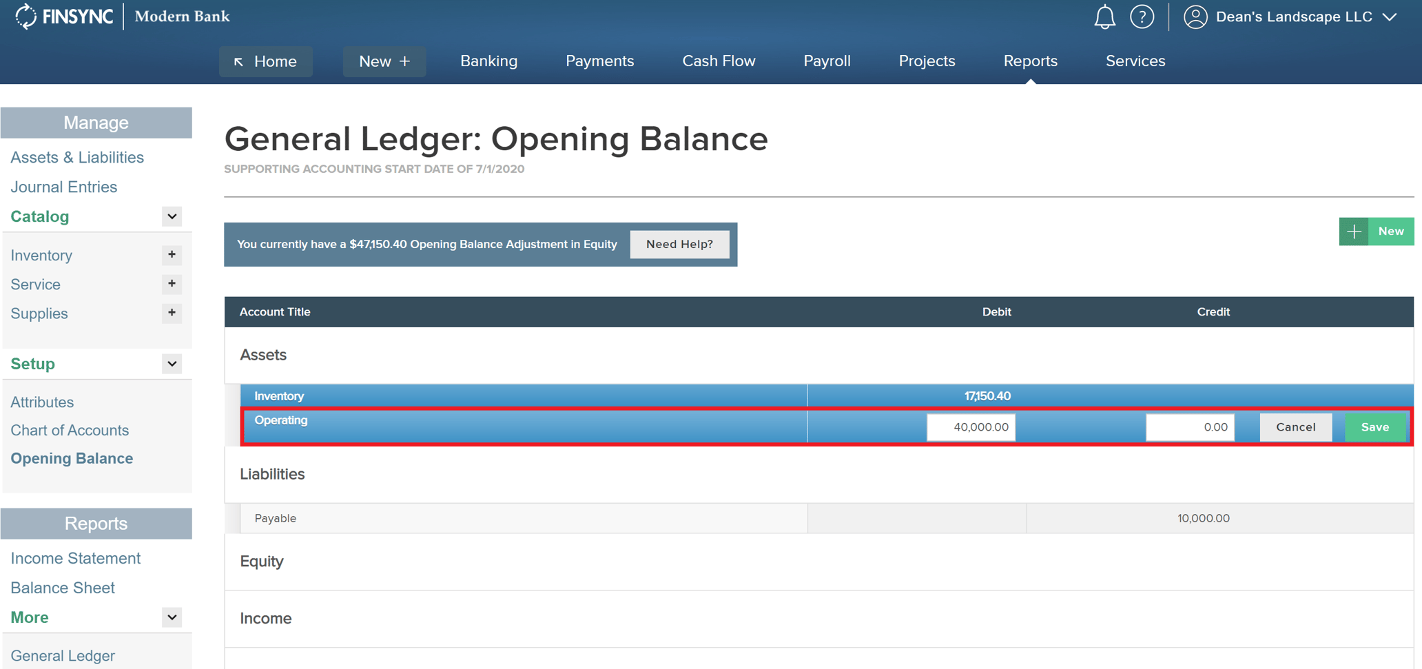 Opening Balances of Assets & Liabilities